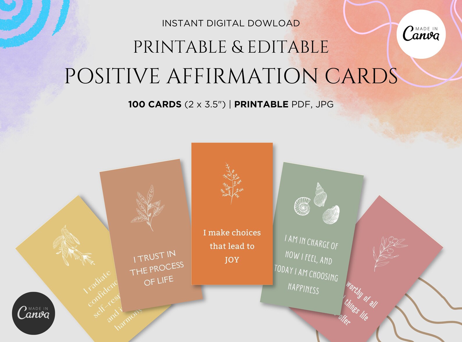 100 Positive Affirmation Cards, Printable Affirmation Cards, Editable ...