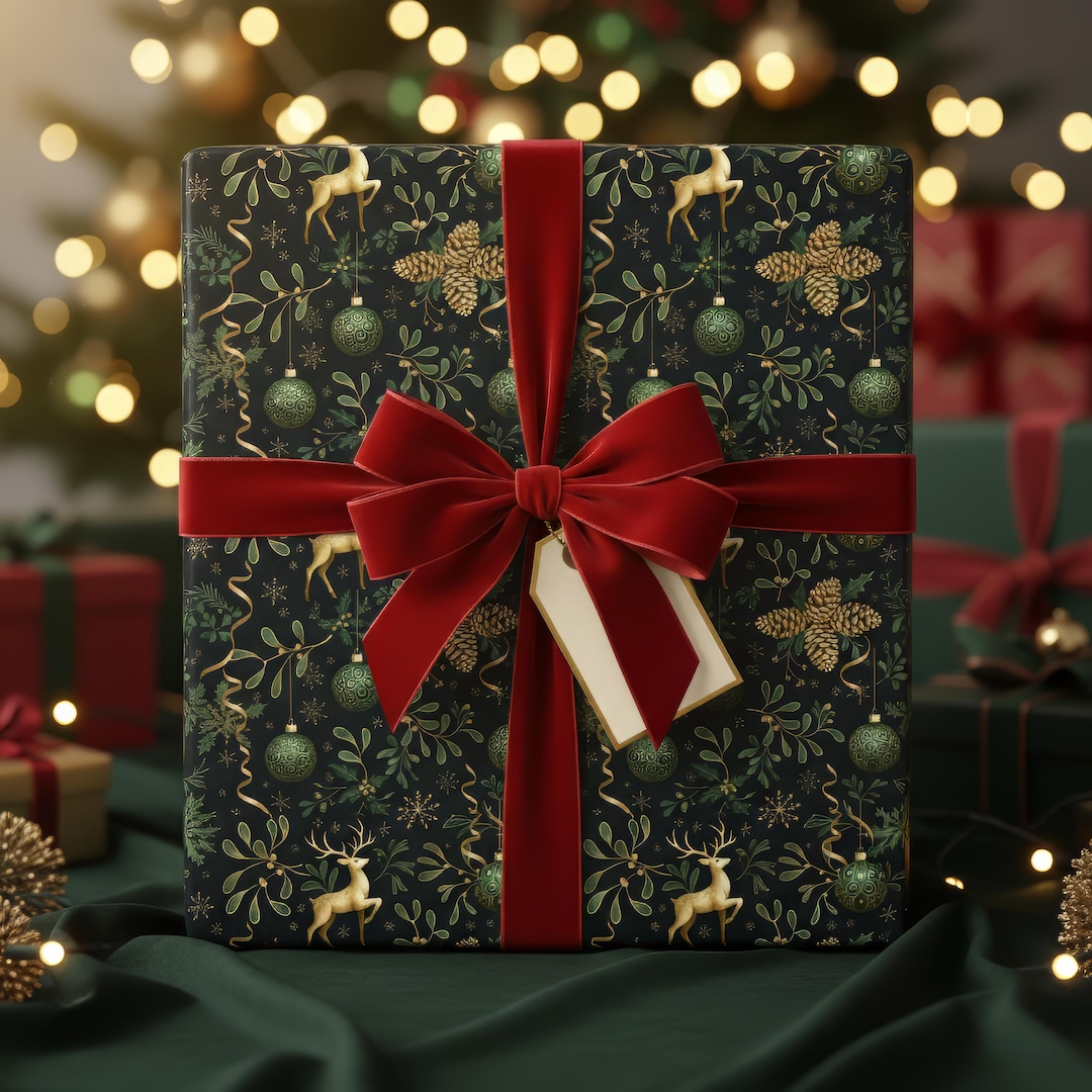 Christmas Wrapping Paper, Luxury Dark Green Gold Festive Decor Holiday ...