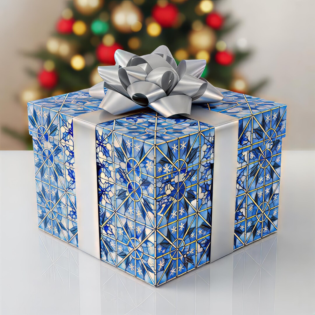 Wrapping Paper, Stained Glass Winter Wonderland | Elegant Blue Holly ...
