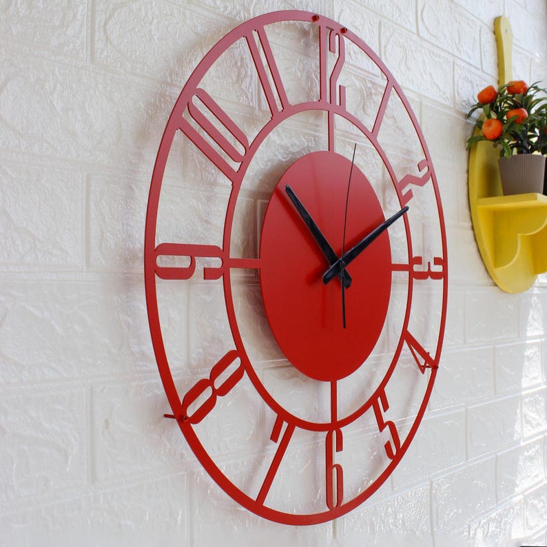 Red Metal Wall Clock: Large Modern Roman Numeral Art - Etsy