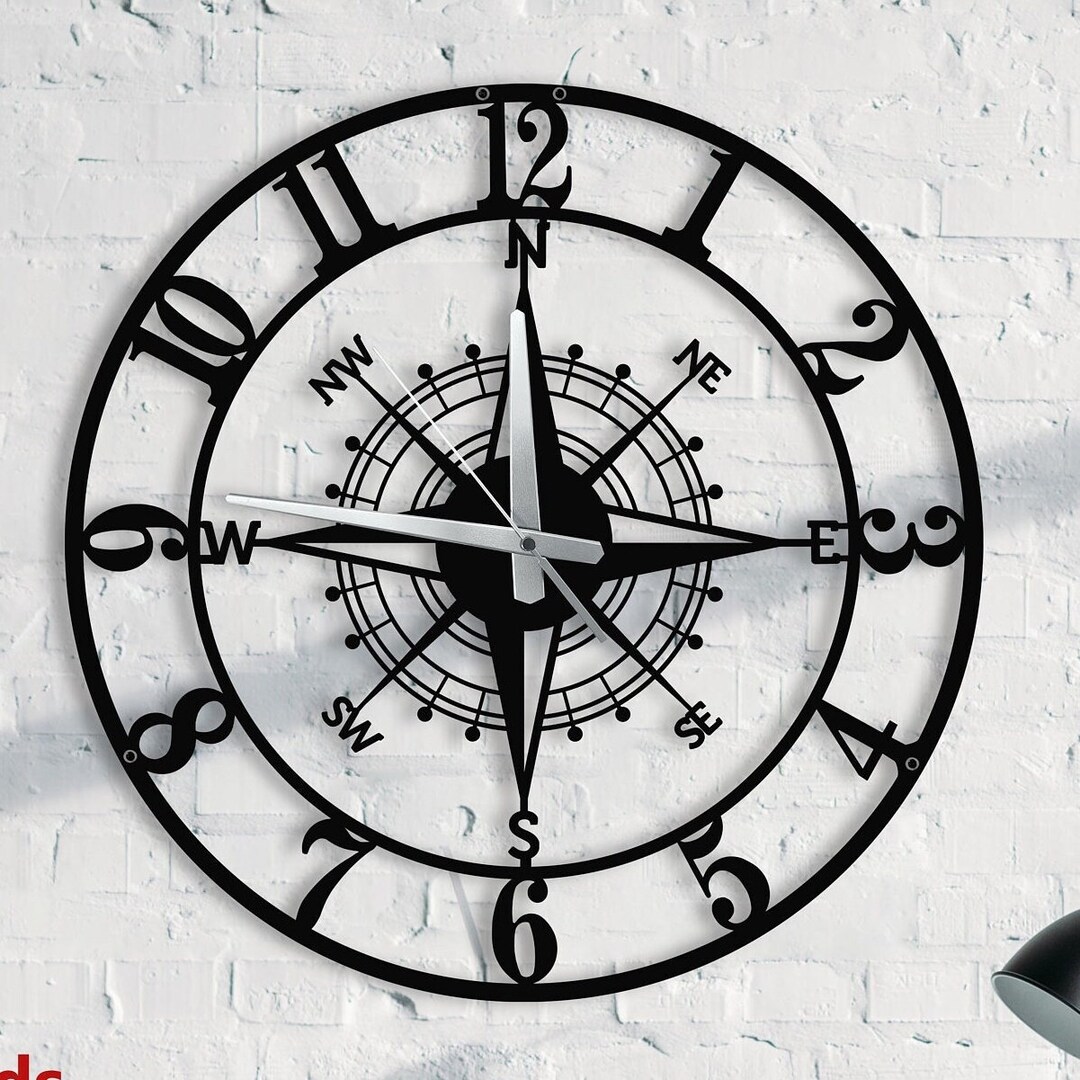 Unique Latin Numeral Compass Metal Wall Clock, Extra Large Modern ...