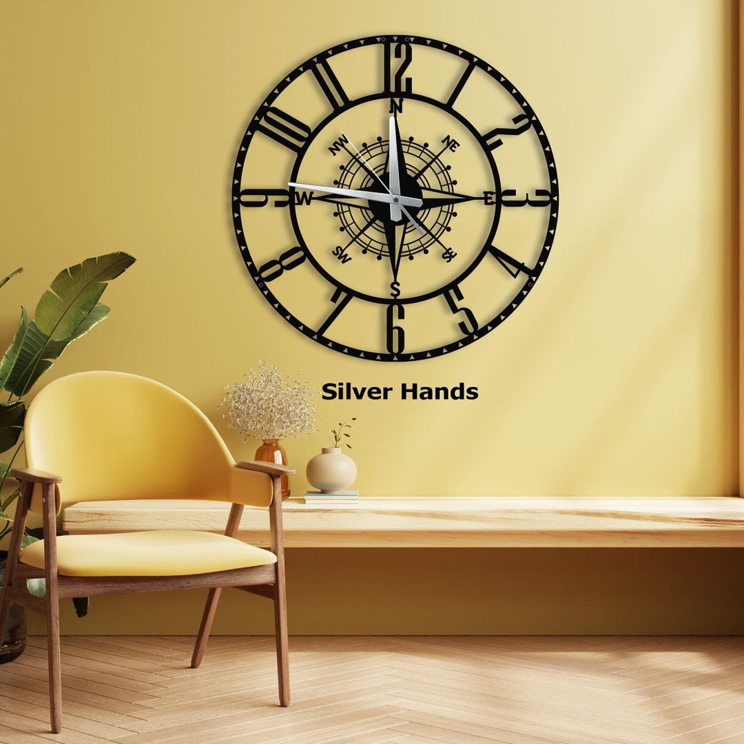 Unique Compass Metal Wall Clock, Compass Wall Decor, Large Clock ...