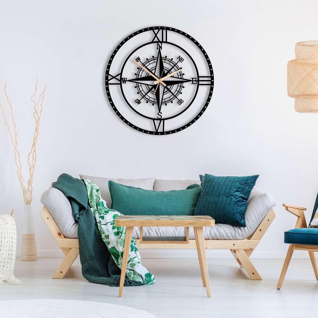 Unique Compass Large Wall Clock, Modern Wall Clock, Silent Metal Clocks ...