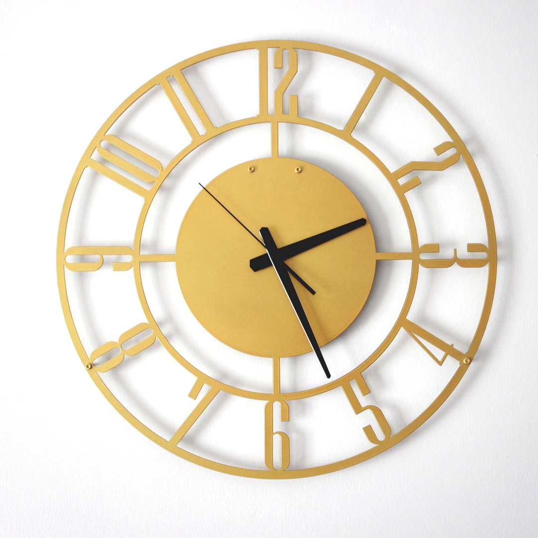 Gold Color Modern Metal Wall Clock With Numbers, Oversized Silent Metal ...