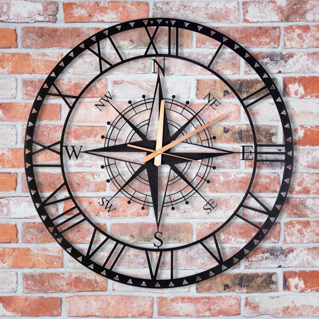 Large Metal Compass Wall Clock, Roman Numerals, Silent Movement - Etsy