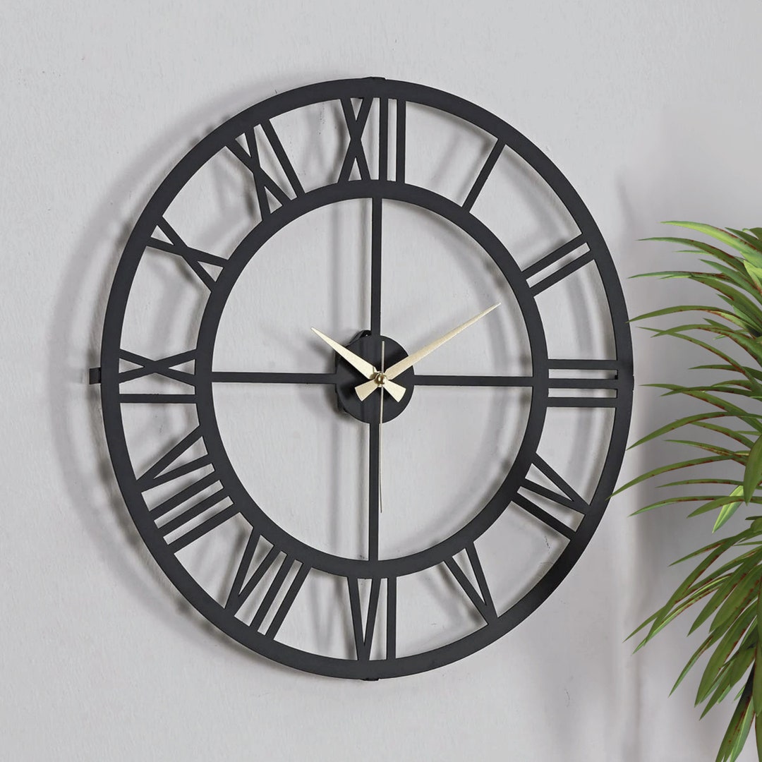 15 Inch Black Metal Skeleton Wall Clock With Roman Numerals for Modern ...