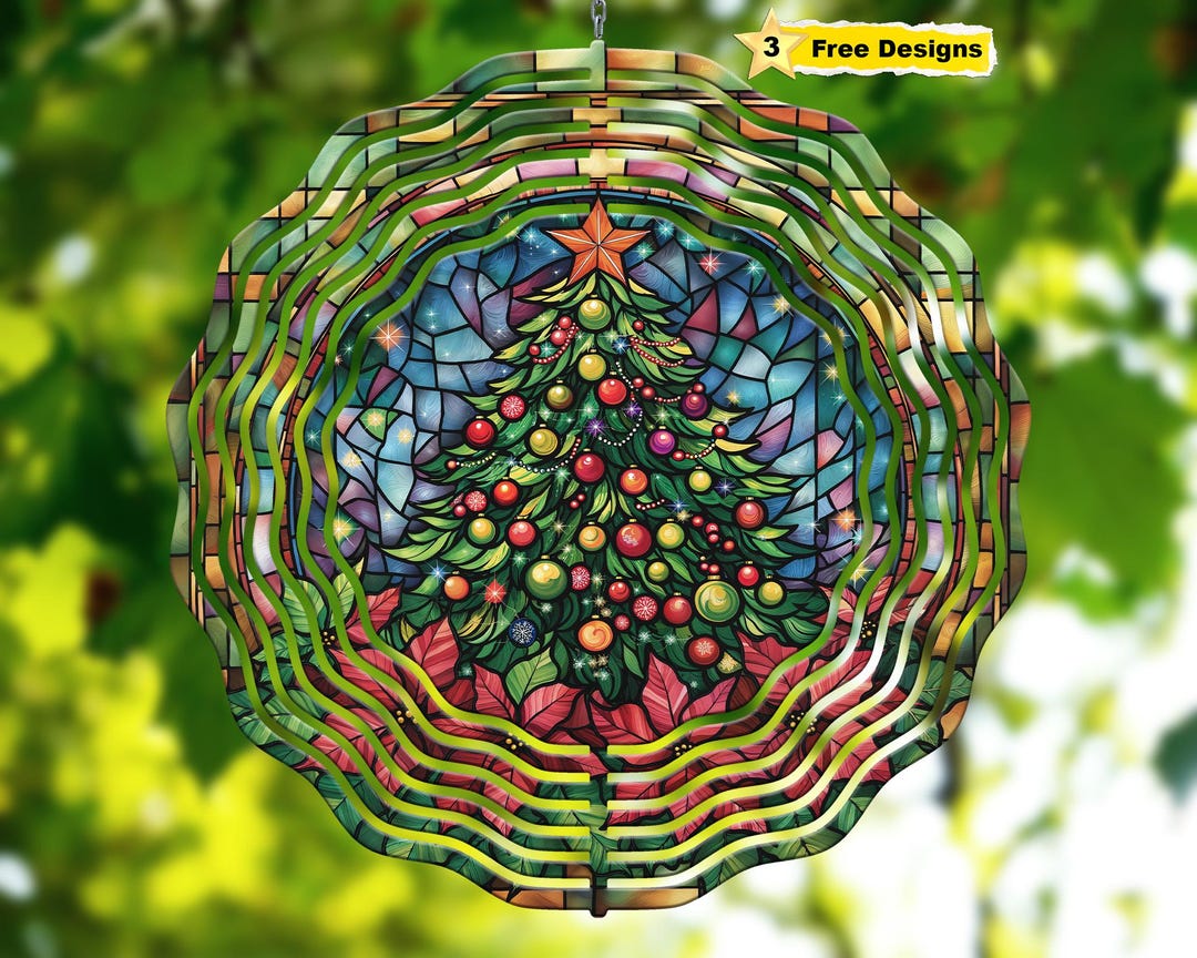 Stained Glass Christmas Tree Wind Spinner: Poinsettia Wreath ...