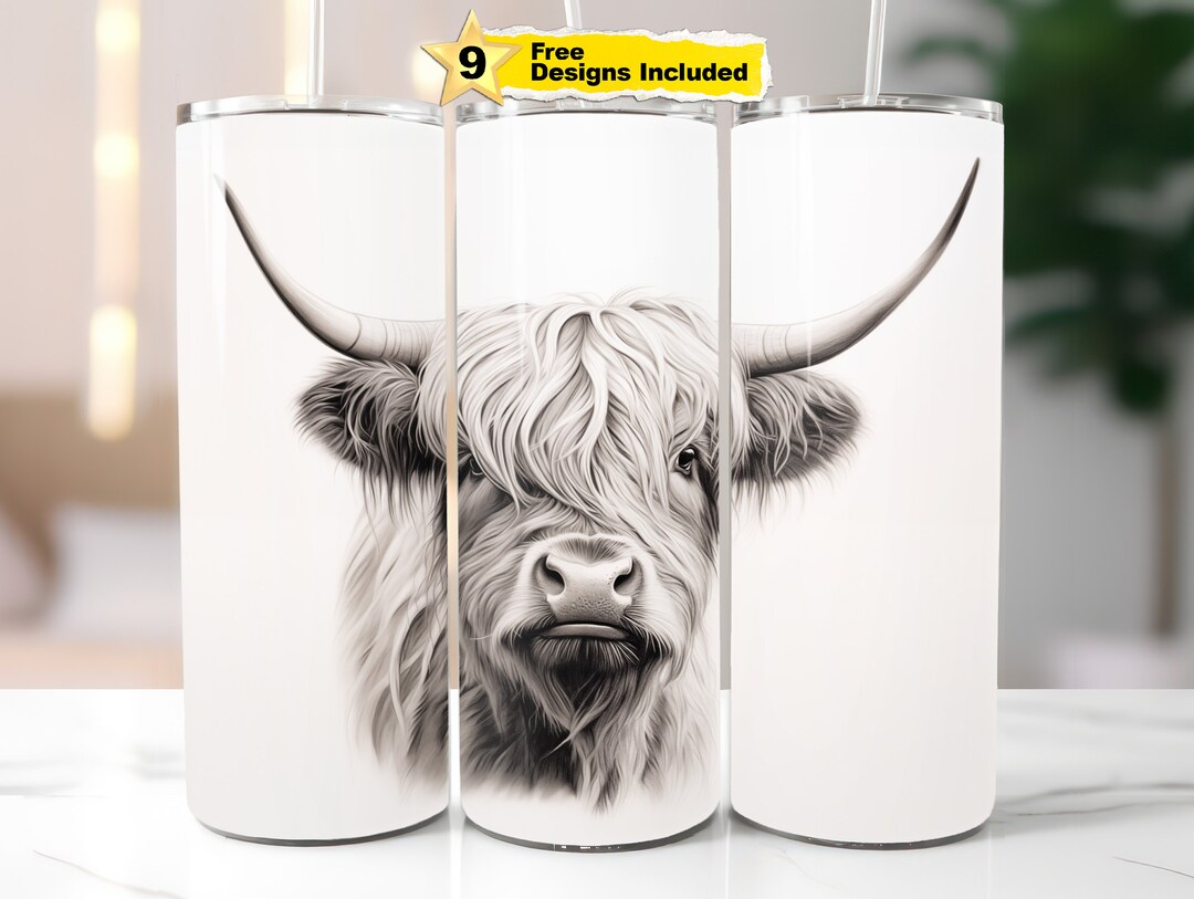 Highland Cow Pencil Drawing Tumbler Wrap: Seamless Sublimation PNG ...