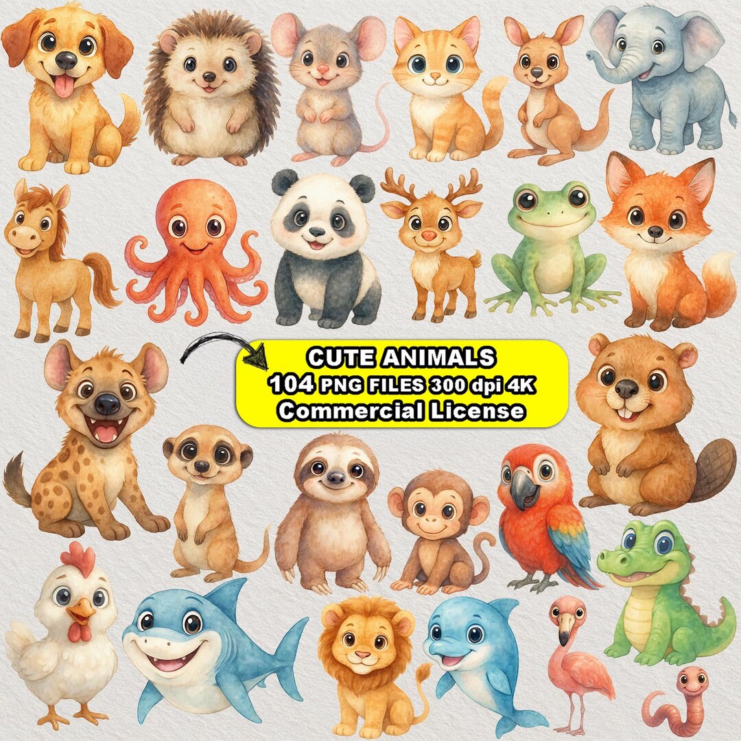 Watercolor Cute Animals Clipart 104 Cute Animal PNG Watercolor Animals ...