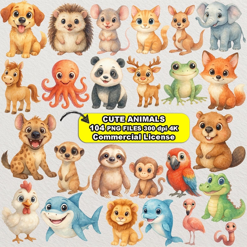 Watercolor Cute Animals Clipart 104 Cute Animal PNG Watercolor Animals ...