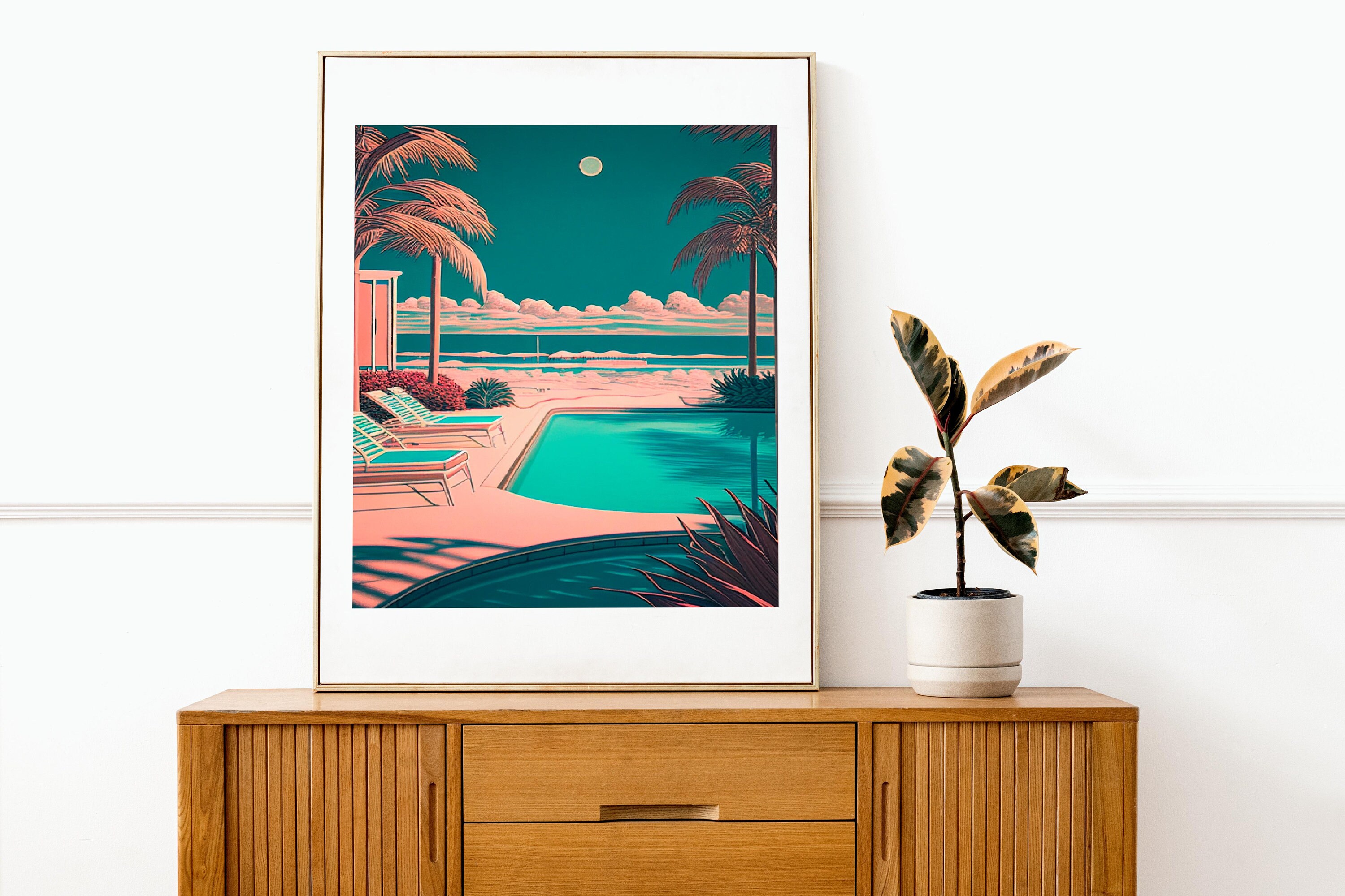 Retro Digital Beachside Swimming Pool Print, Colorful Pastel Poster ...
