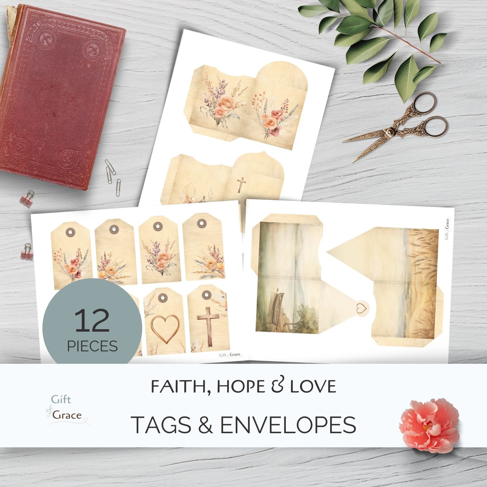 Mini Envelopes and Cards, Faith Hope and Love Junk Journal Paper Sheets ...
