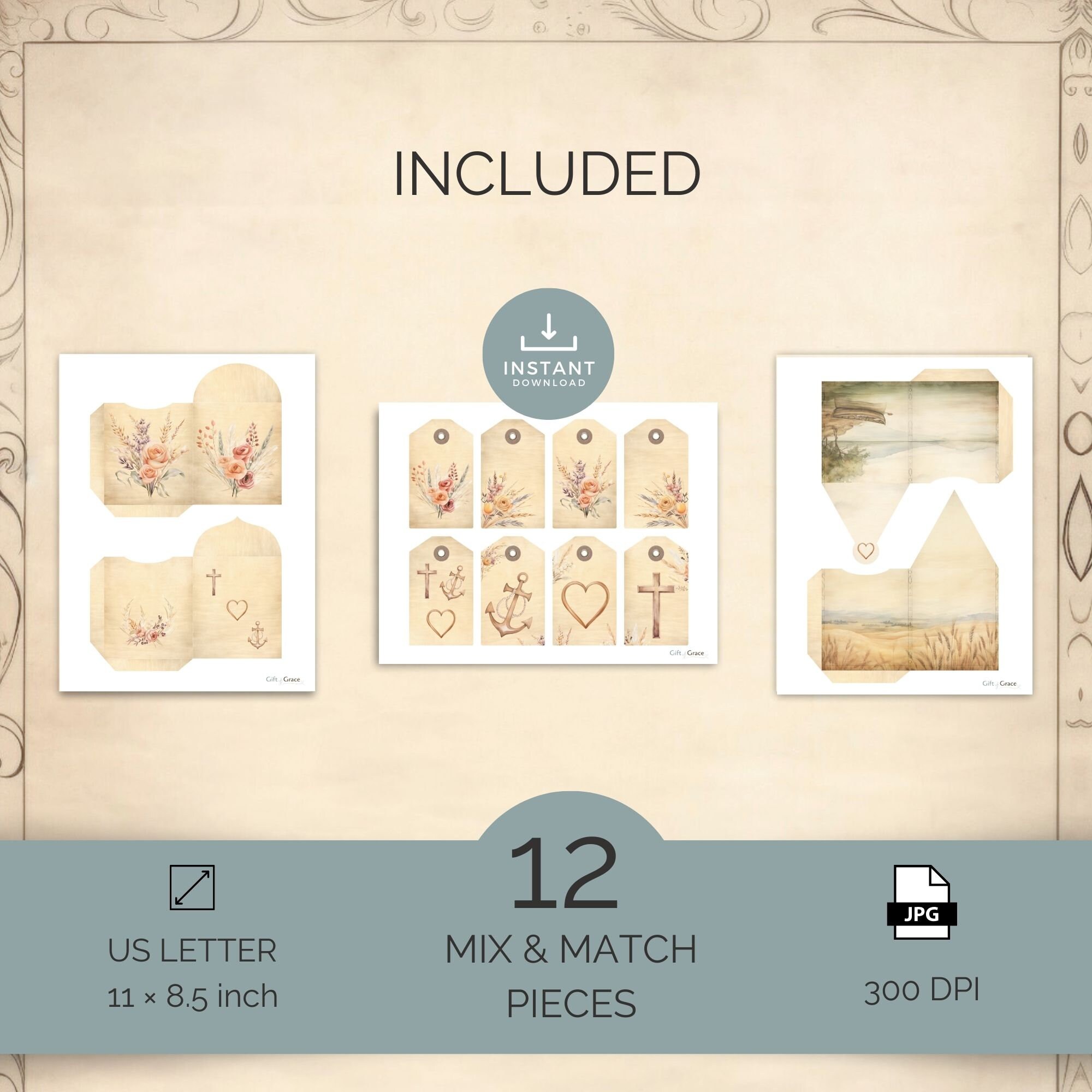 Mini Envelopes and Cards, Faith Hope and Love Junk Journal Paper Sheets ...