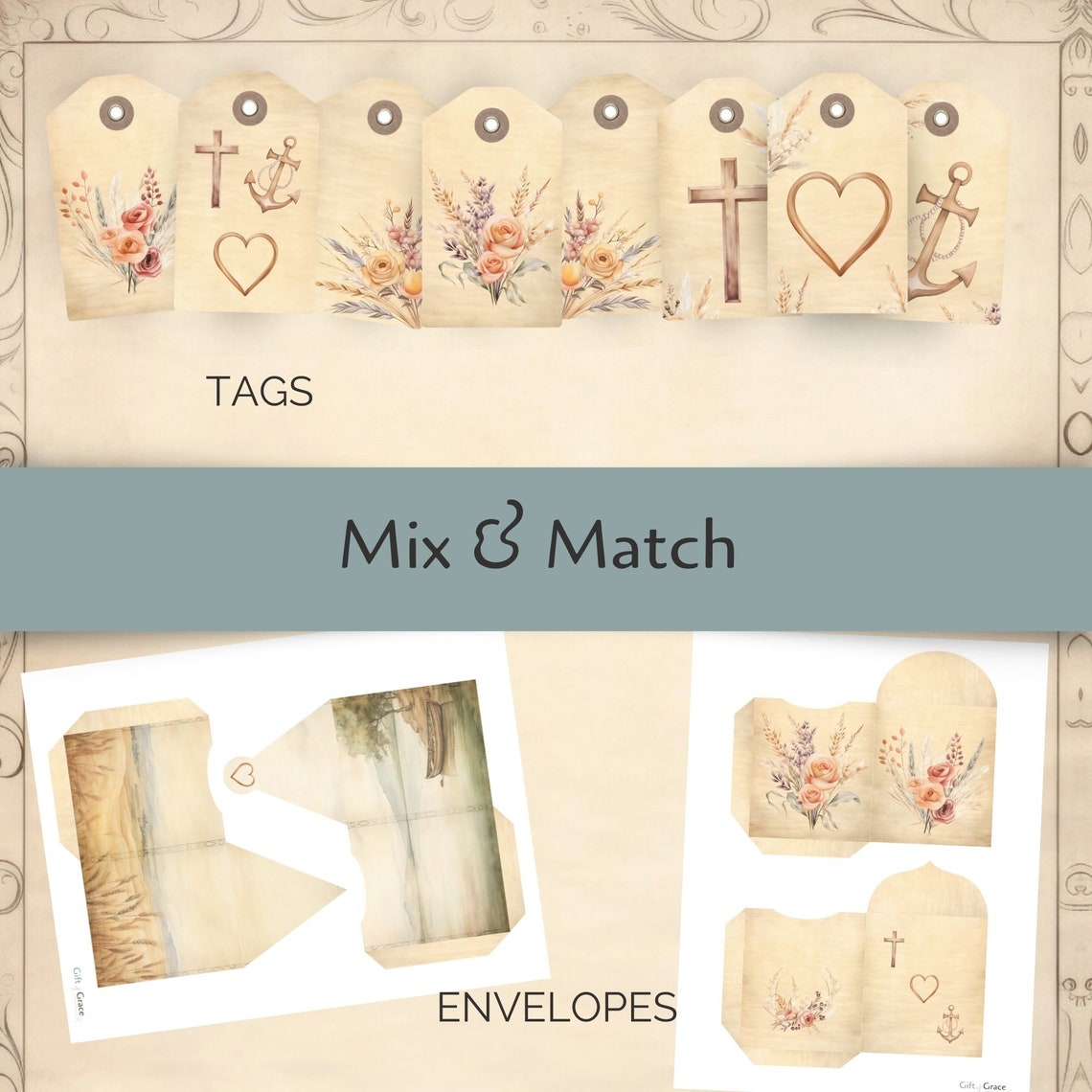 Mini Envelopes and Cards, Faith Hope and Love Junk Journal Paper Sheets ...