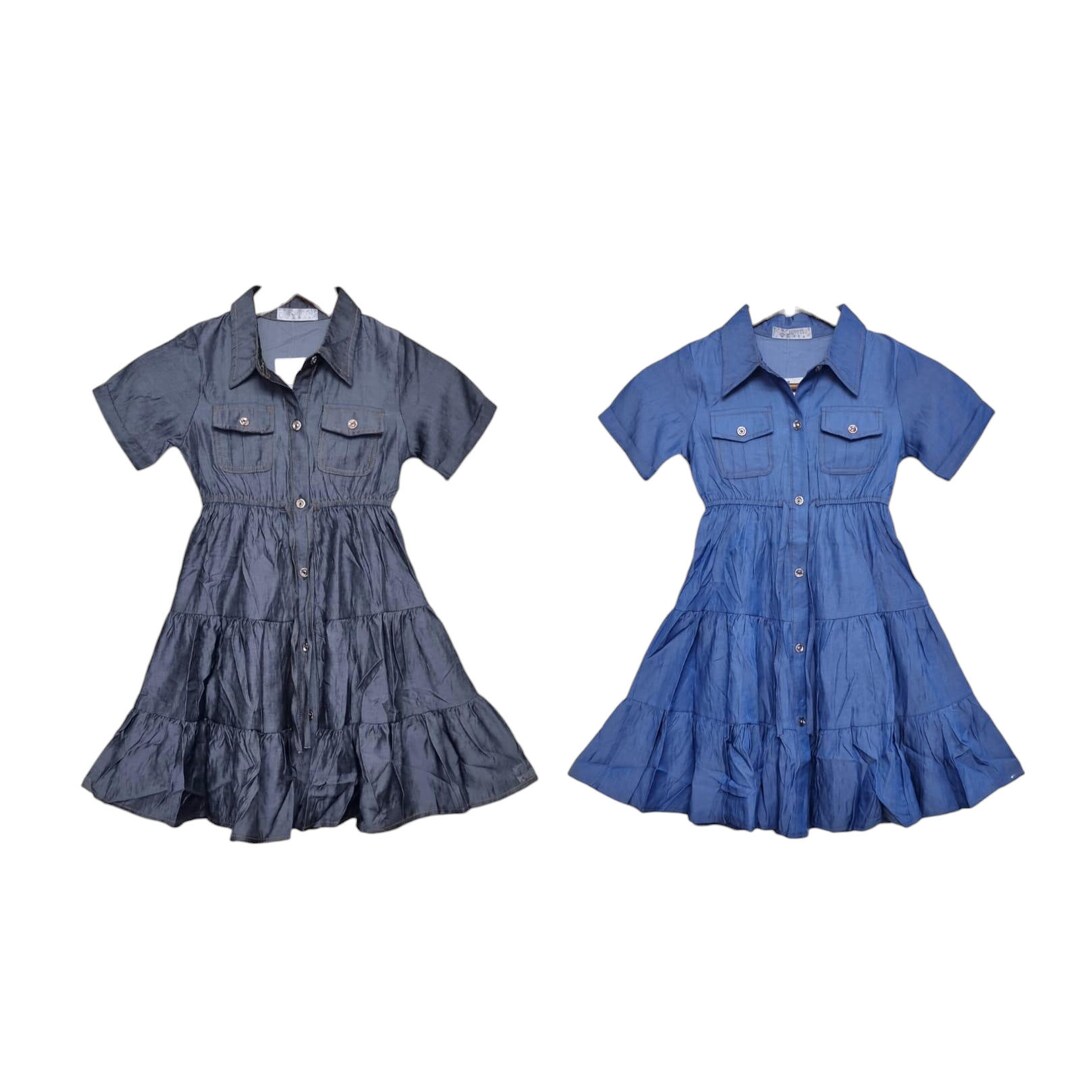 Girls Kids Button Front Denim Dresses With Pockets Short Sleeves Knee ...
