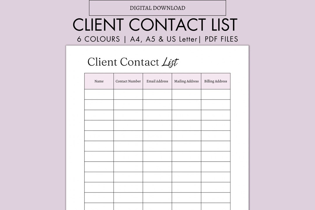 Client Contact List Printable Customer Contact List - Etsy