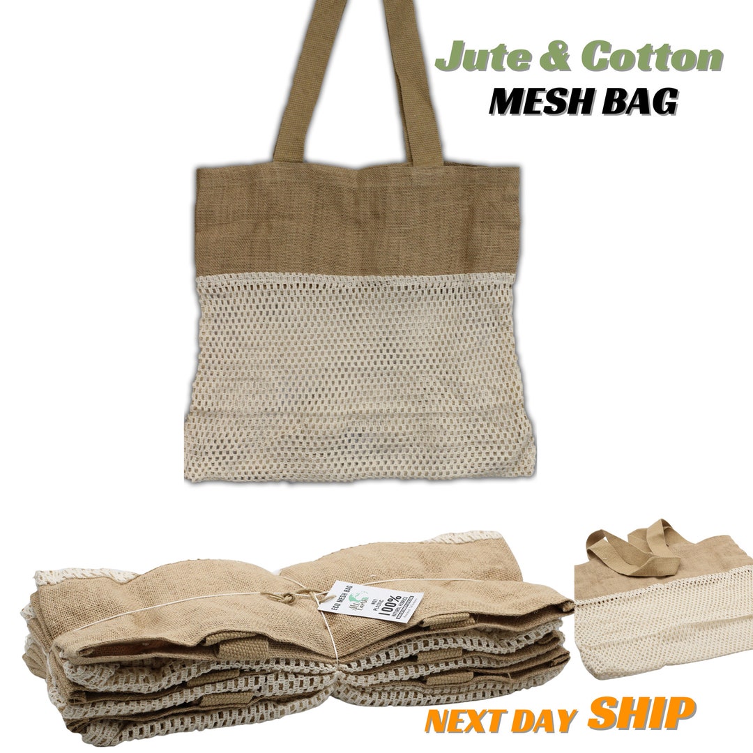 Eco Friendly Natural Pure Soft Jute Cotton Mesh Bag Long Handle Jute ...
