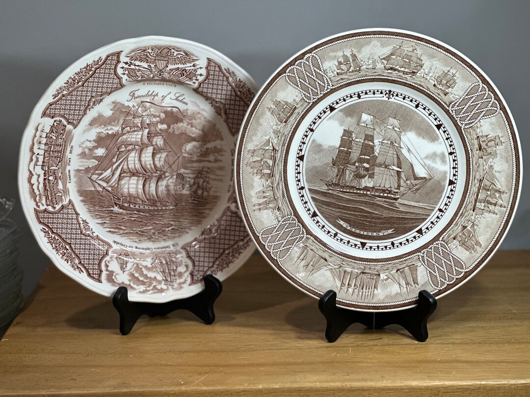 Wedgwood and Meakin Ship Plates ~ Brown Transferware ~ Vintage Set of 2 ...