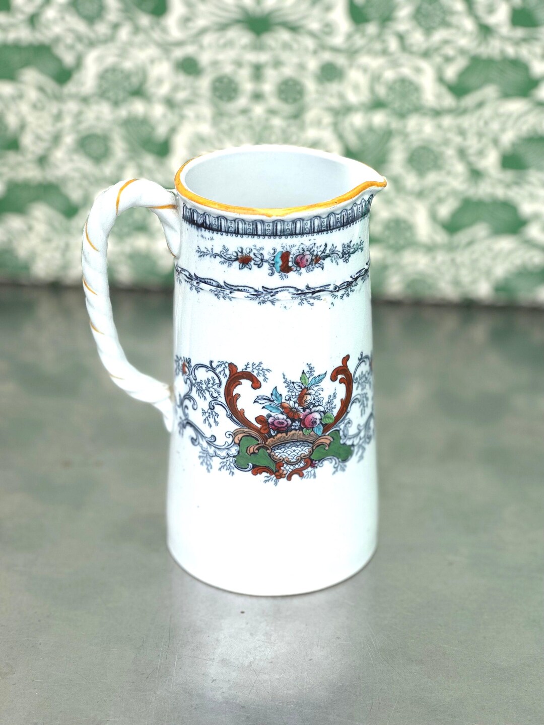 Cauldon Transferware Jug ~ Antique ~ Blue Red Yellow ~ Straight Sides ...