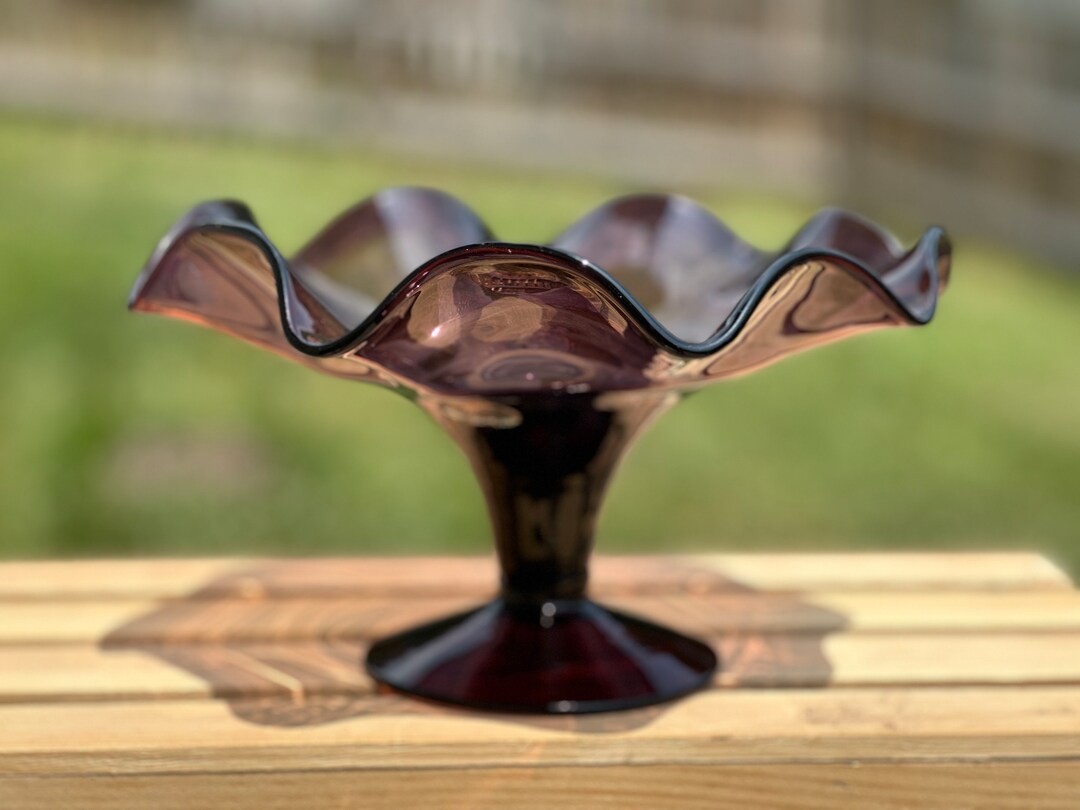 MCM Guildcraft Italy ~ Large Pedestal Bowl ~ Ruffled ~ Purple Amethyst ...