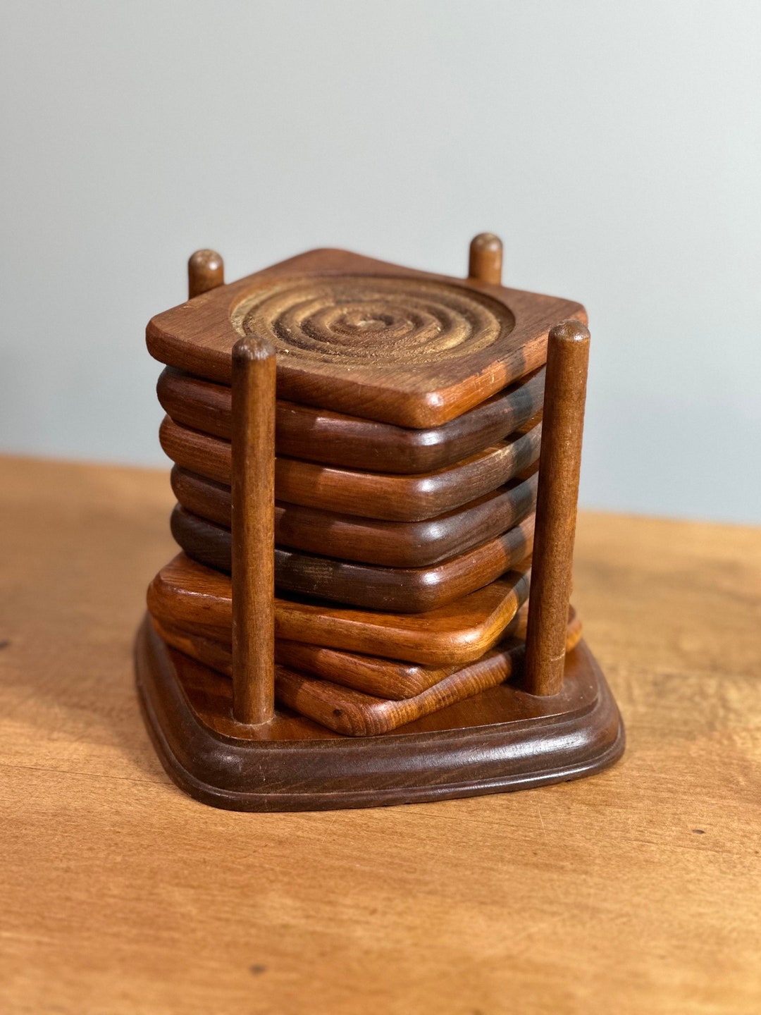 Vintage Teak Coasters Set of 8 in Holder Mismatched - Etsy