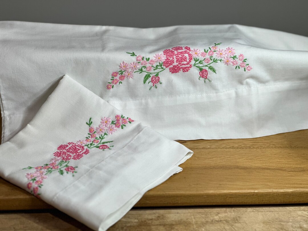Vintage Hand Embroidered Cross Stitch Pillowcases Pink Flowers - Etsy