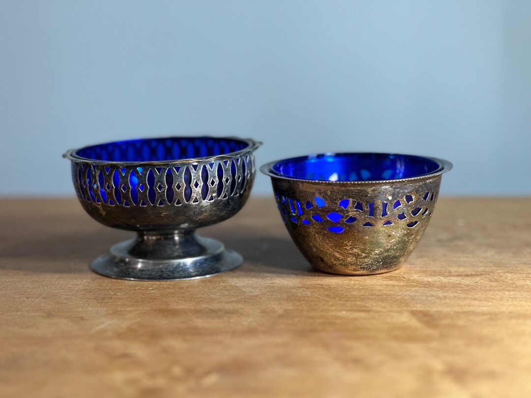 Vintage Silver & Cobalt Blue Glass Bowls ~ Nuts Candy Catchall ~ Set of ...