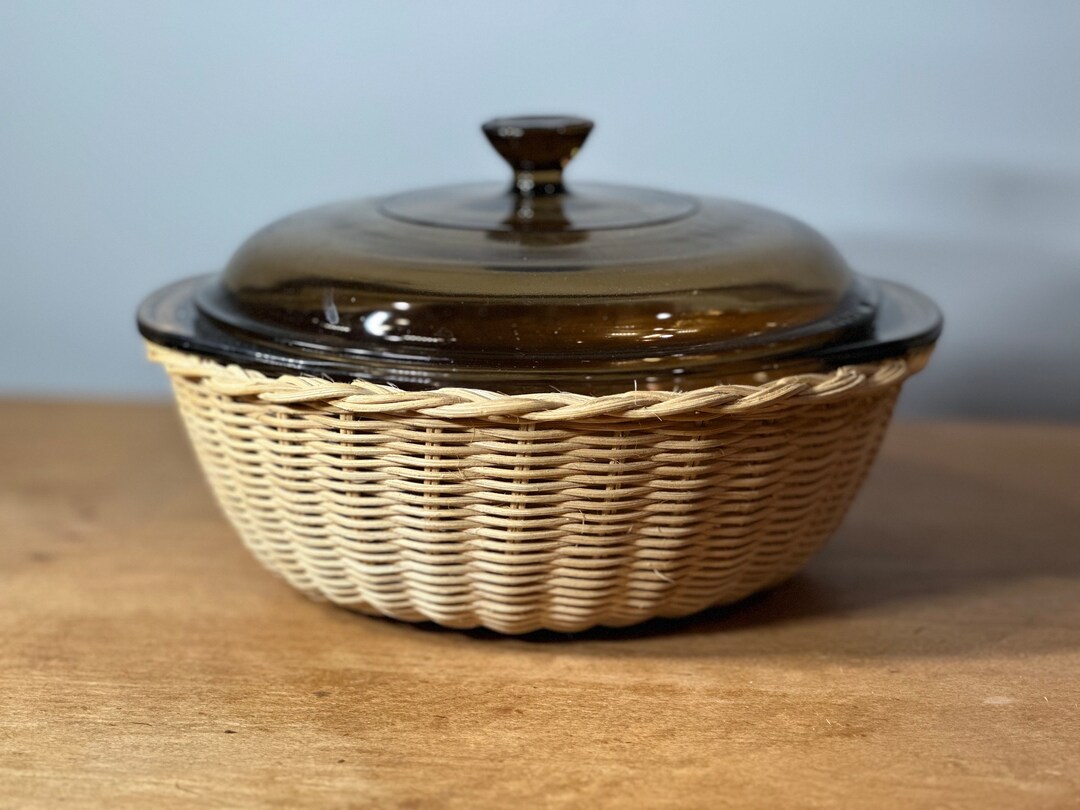 Pyrex Casserole With Lid Amber With Wicker Backet Holder - Etsy