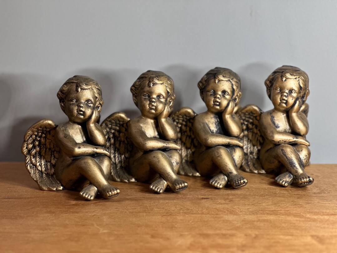 Cherub Angel Ornament Figurine ~ Gold Porcelain ~ Seated Thinking - Etsy