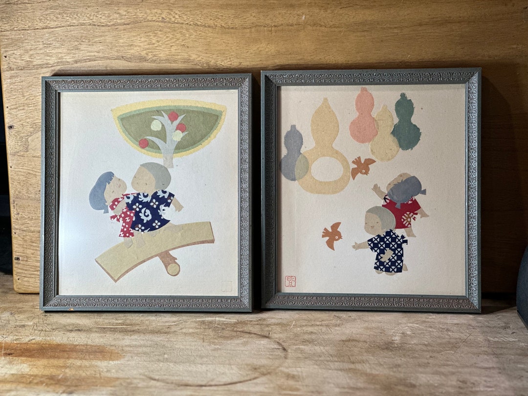Japanese Chigiri-e ~ Set of 2 ~ MCM ~ Collage Pictures Art Children ...