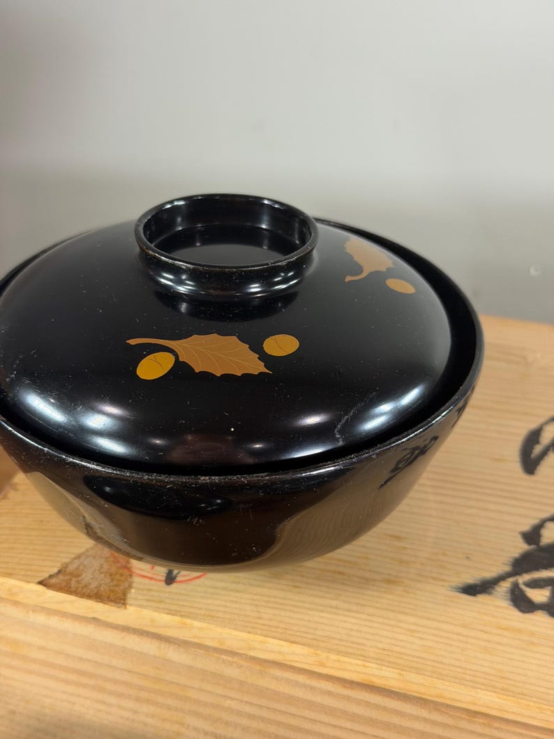 Vintage Wajima-nuri Lacquerware Black Gold Maki-e Style Miso Soup Bowl ...