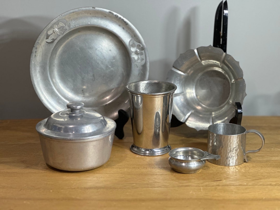 Vintage Silver Pewter Vessels ~ Patina ~ Julip Cup Plate Bowl Porringer ...