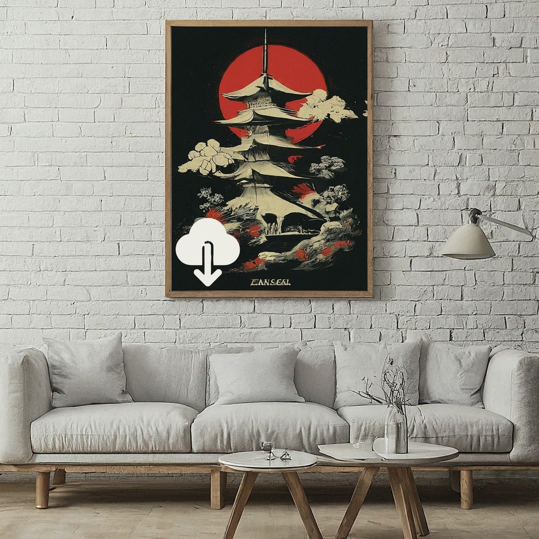 Japandi Wall Art Osaka Castle Print Oil Painting Japanese Artwork Night ...