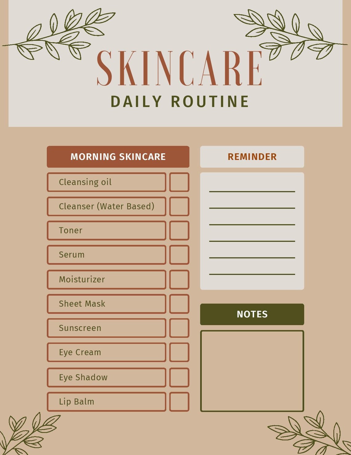 Daily Skin Care Routine, Reminders, and Organizer (PDF) Digital and ...