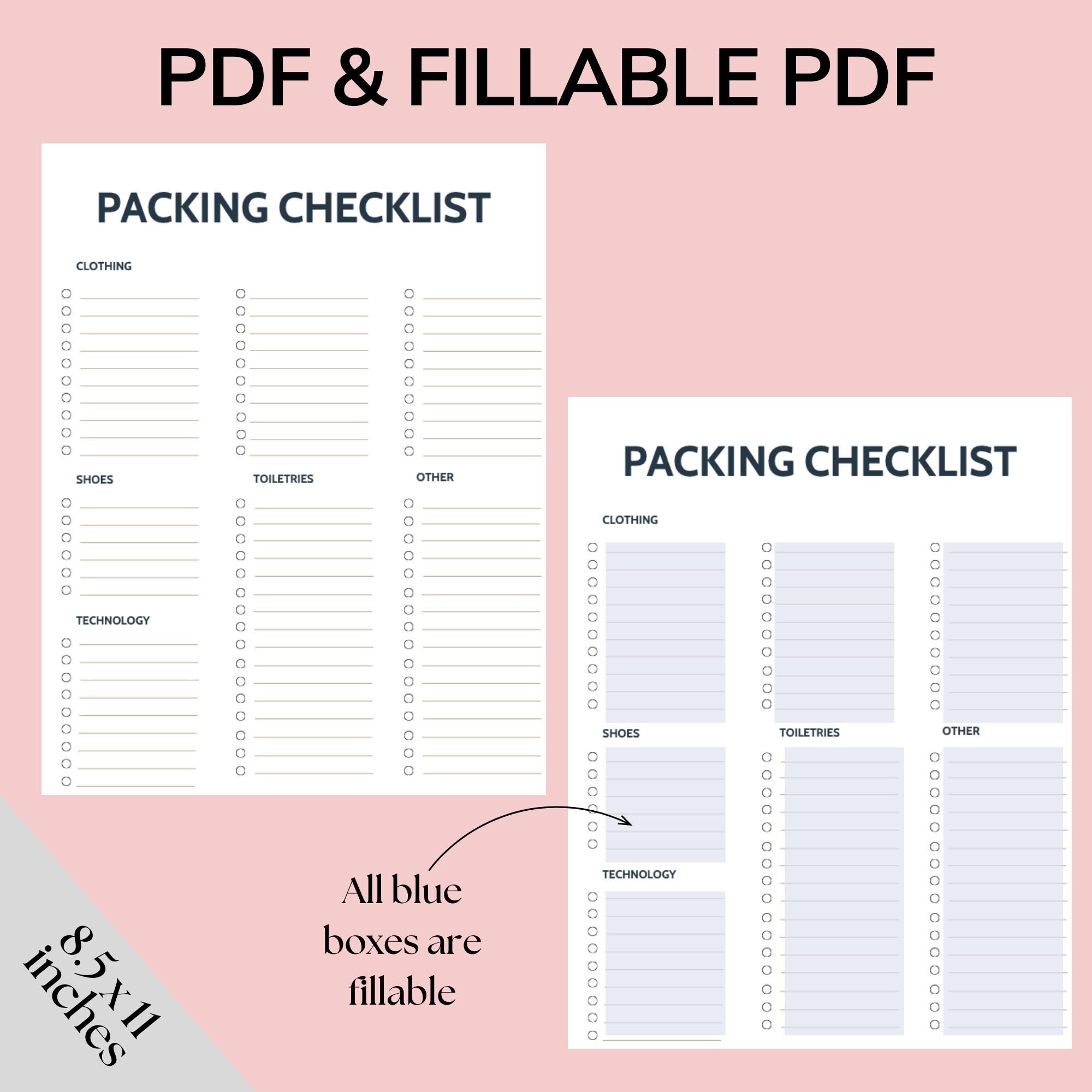 Travel Packing List | Travel Packing Checklist | PDF & Fillable PDF ...