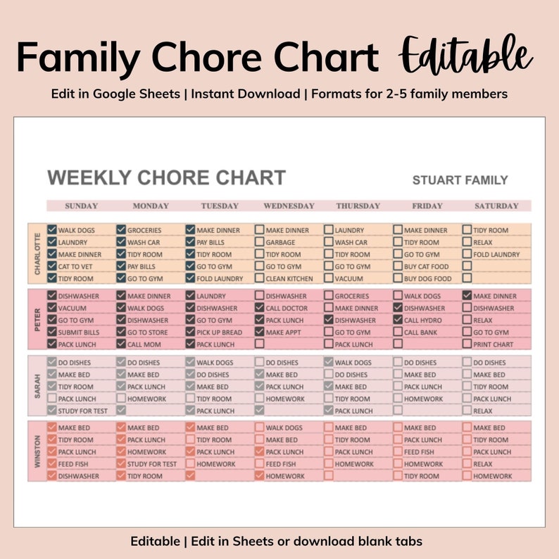 Family Chore Chart | Responsibility Chart | EDITABLE With Google Sheets ...