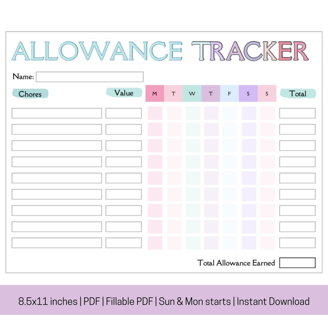 Allowance Chart | Allowance Tracker | Chore Chart | PDF & PDF Fillable ...