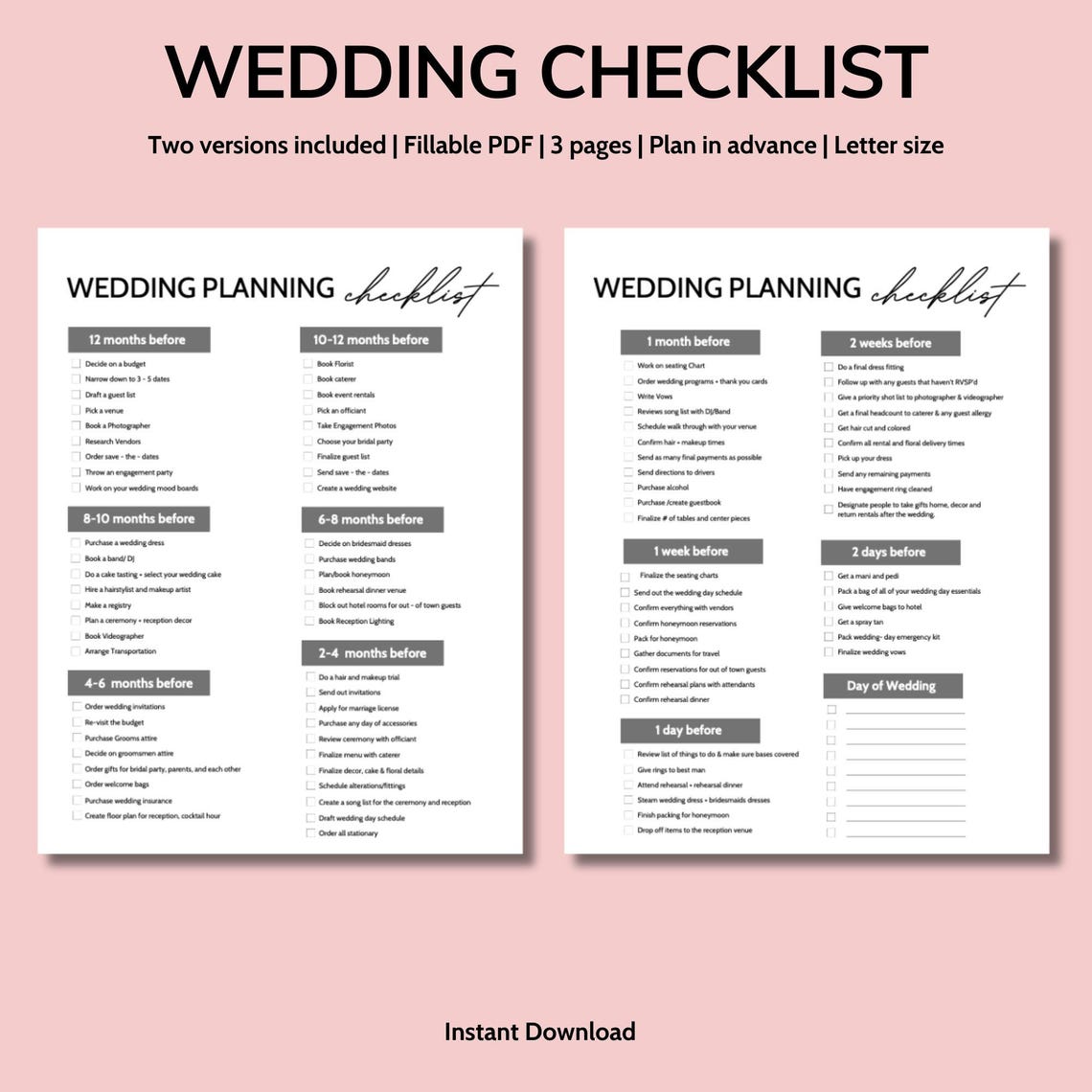 Printable Wedding Checklist | Filled in and Blank Fillable PDF ...
