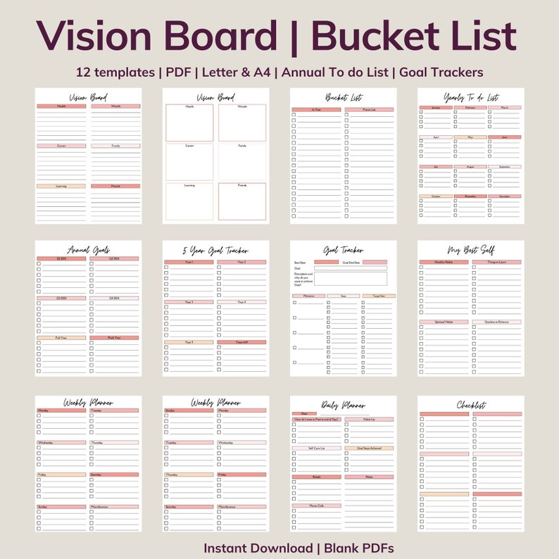 Vision Board Template Bucket List 2024 12 Templates 5 Yr Goals Annual ...