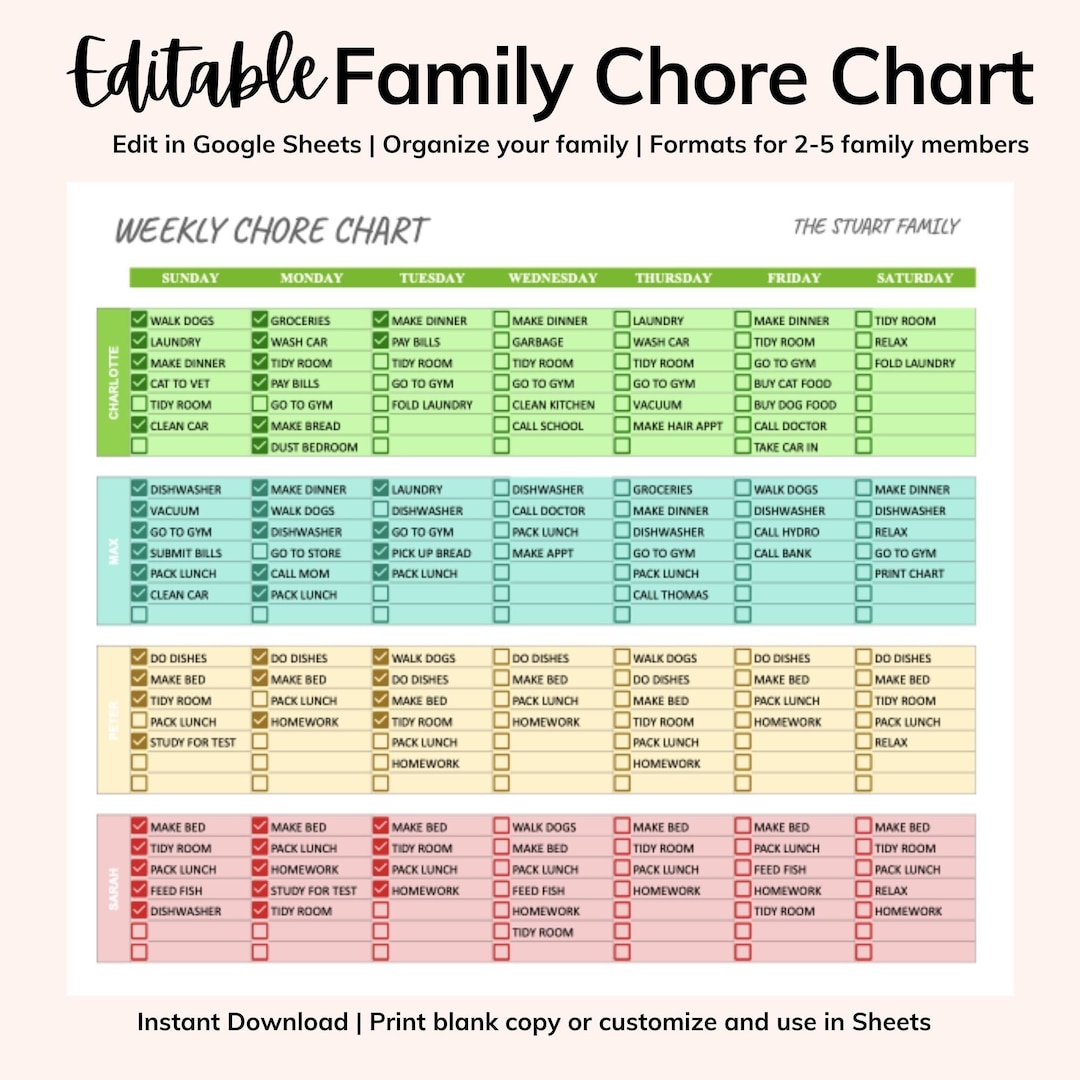 Editable Family Chore Chart: Google Sheets (digital Download) - Etsy