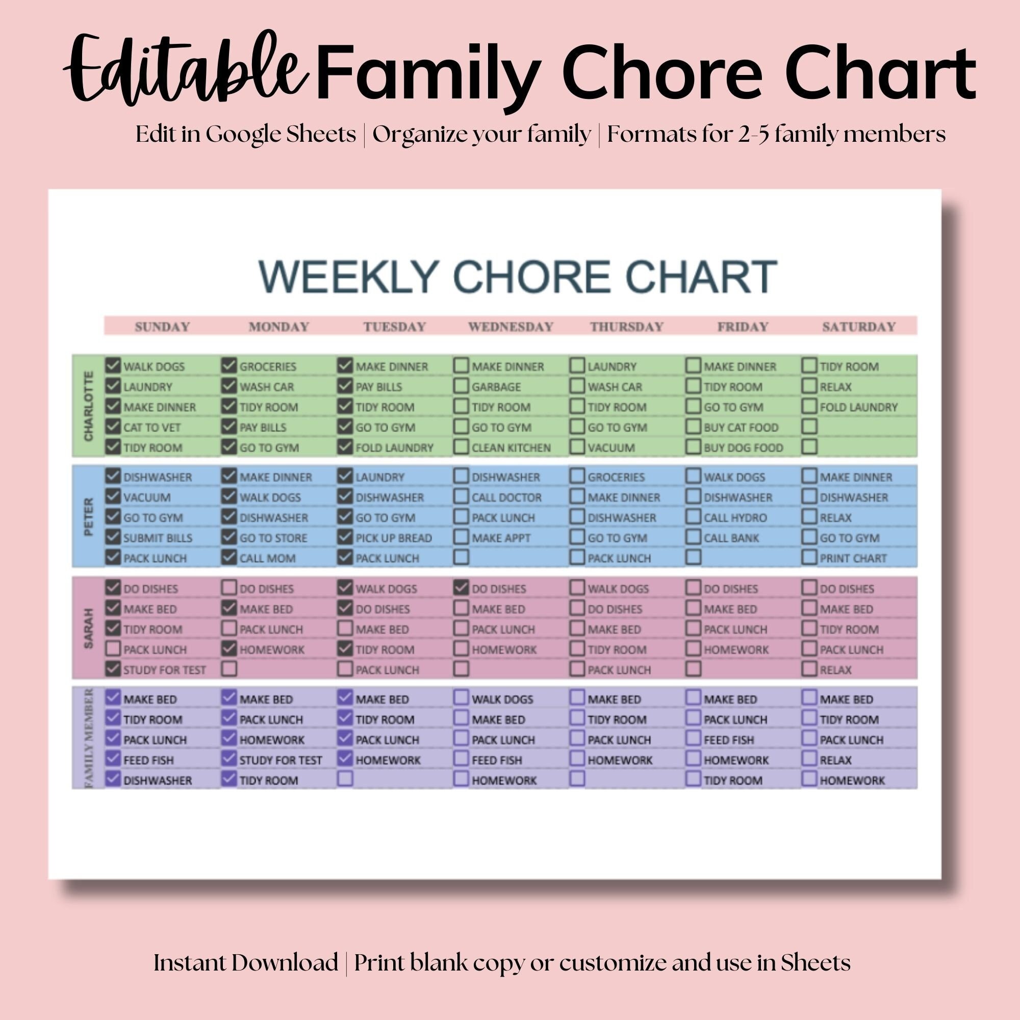 Kids Chore Chart | Edit With Google Sheets | Downloadable | Digital ...