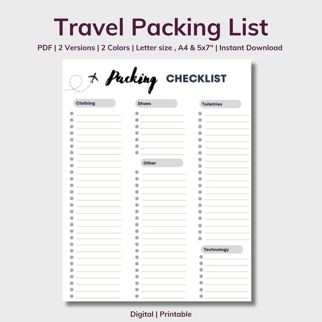 Travel Packing List | Travel Checklist | PDF | Printable | 2 Versions ...
