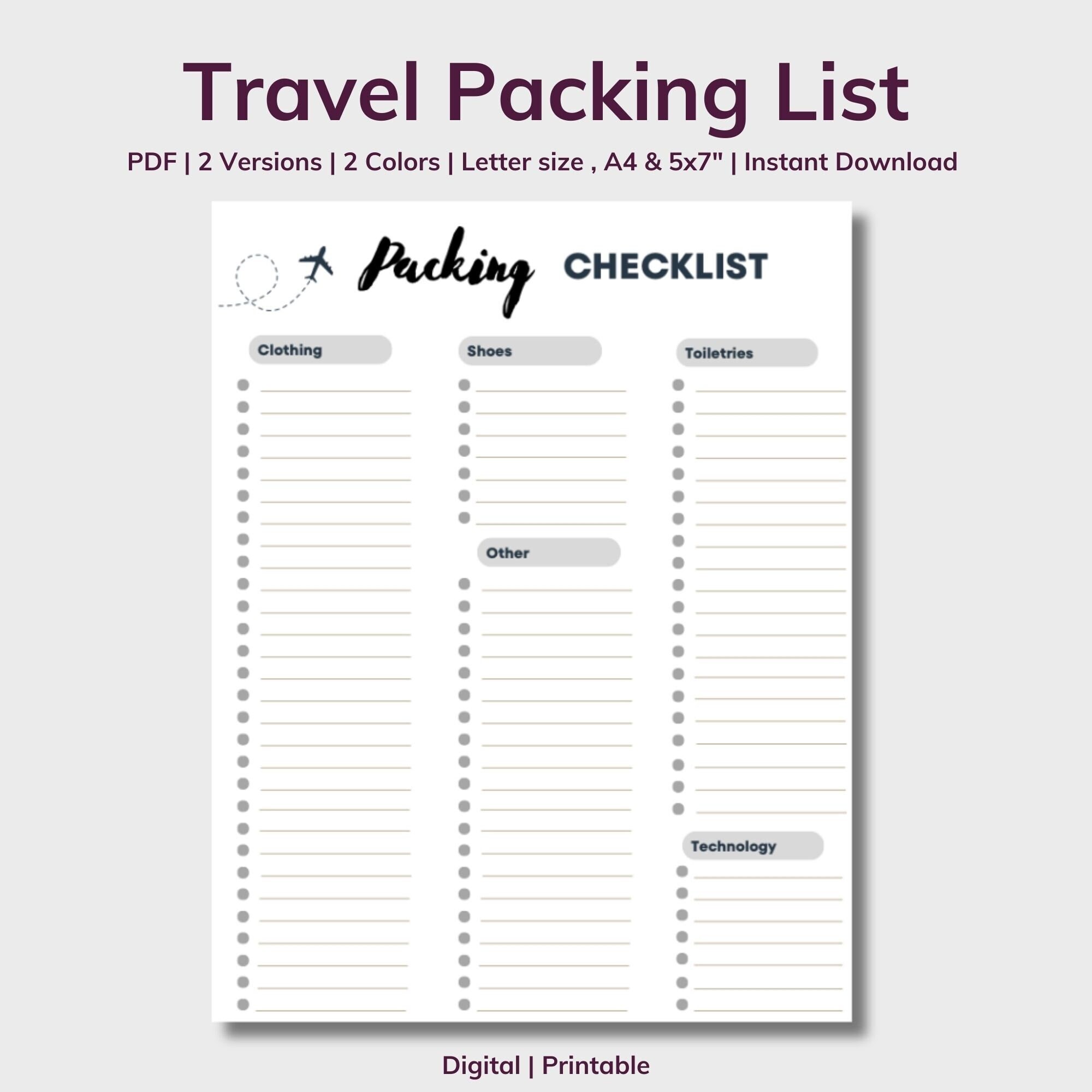 Travel Packing List | Travel Checklist | PDF | Printable | 2 Versions ...