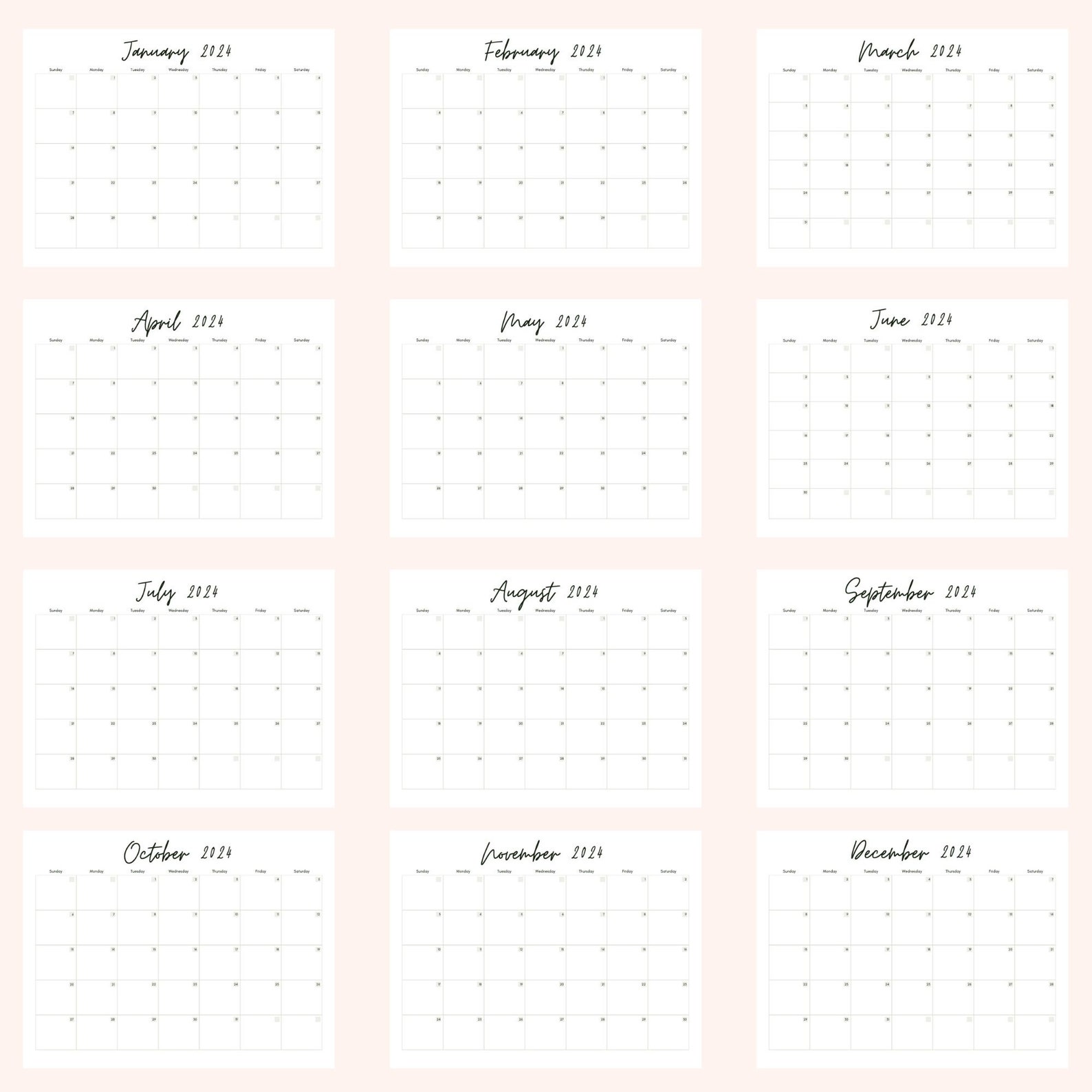 Blank Calender 2024 Calender Monthly Calendar Printable Digital 2024 ...