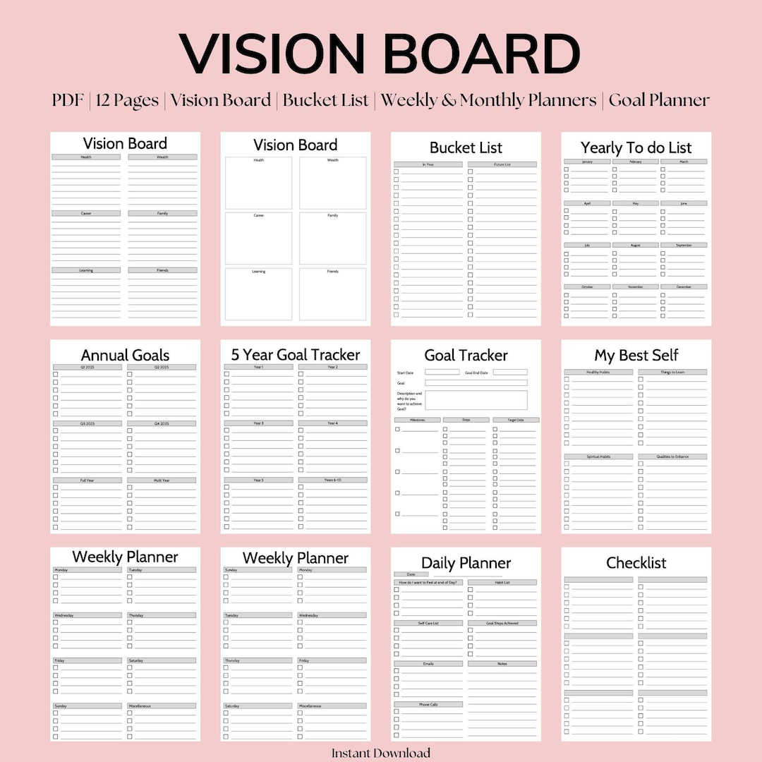 Vision Board Template | Goal Tracker, Bucket List (PDF) - Etsy