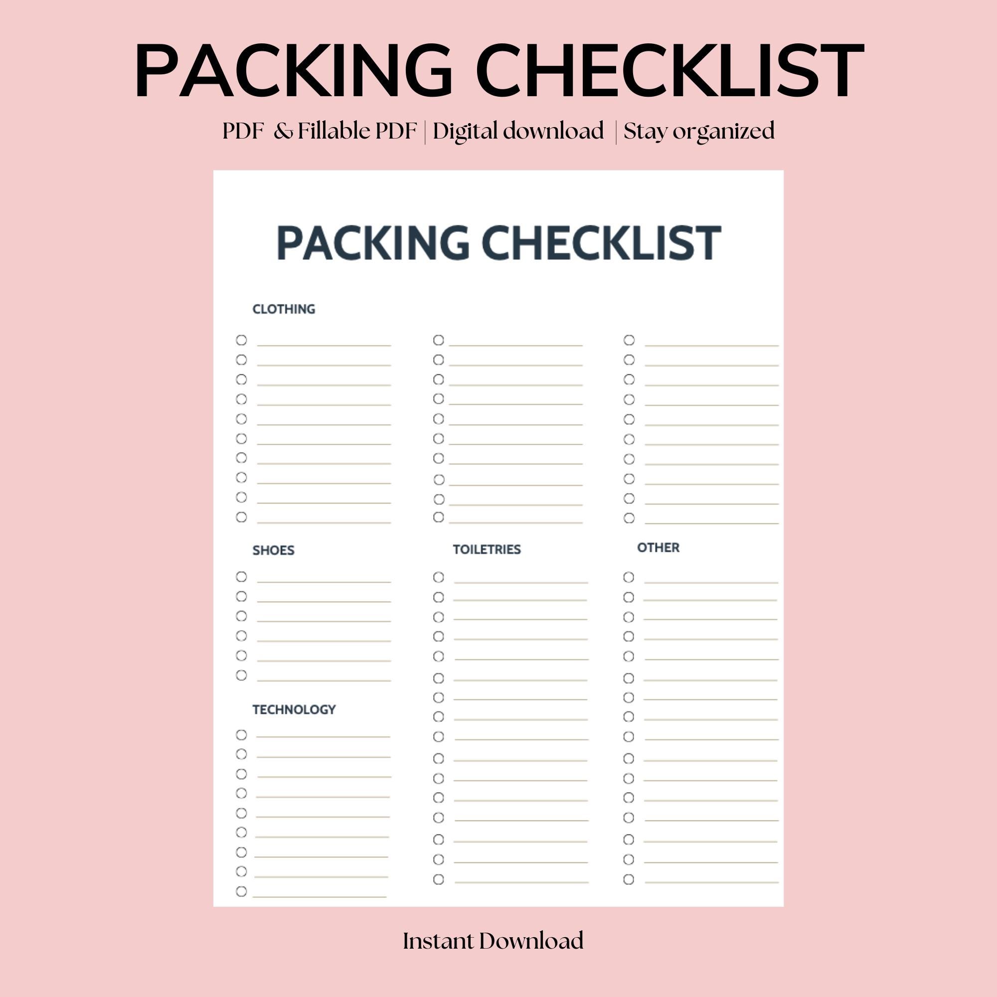 Travel Packing List | Travel Packing Checklist | PDF & Fillable PDF ...