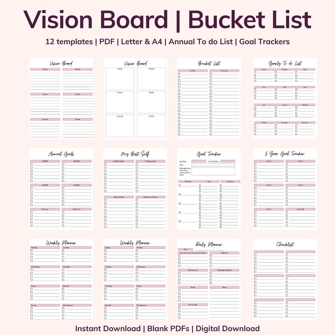Vision Board Template 2024 Bucket List 12 Templates 5 Yr Goals Annual ...