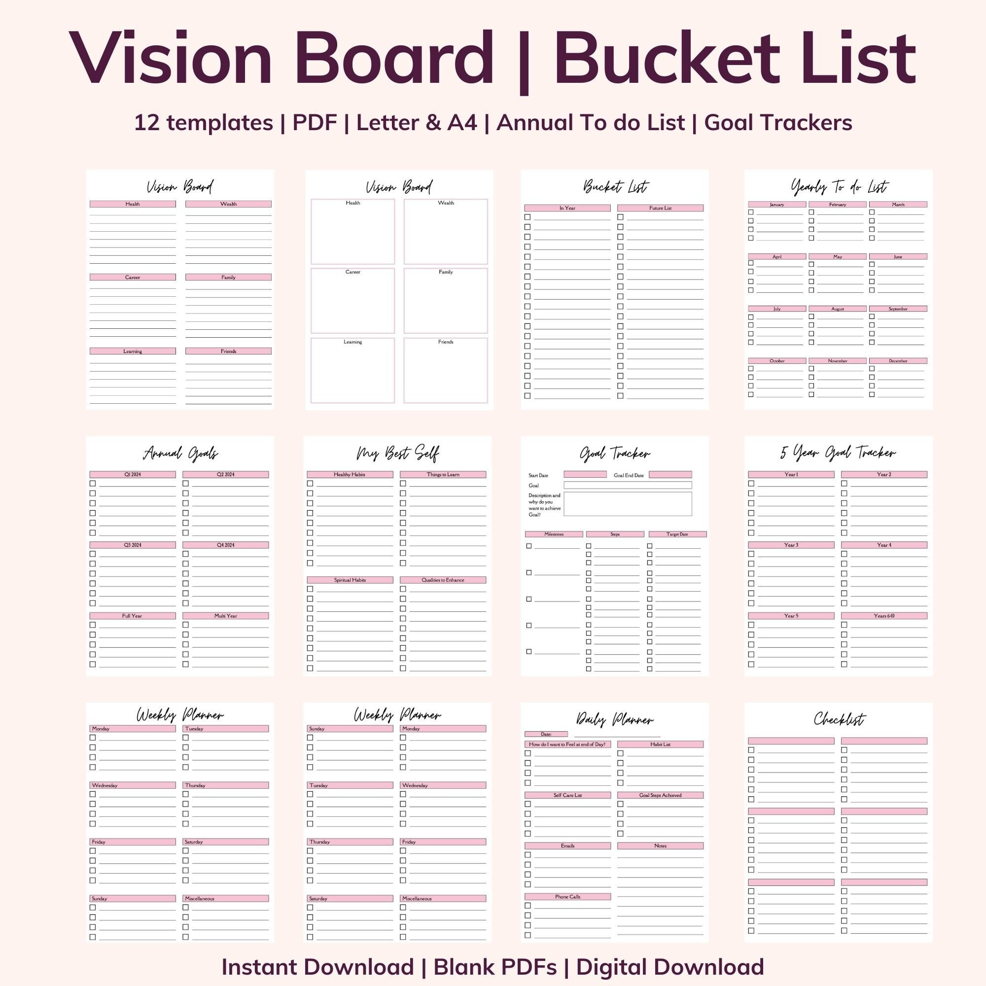 Vision Board Template 2024 Bucket List 12 Templates 5 Yr Goals Annual ...