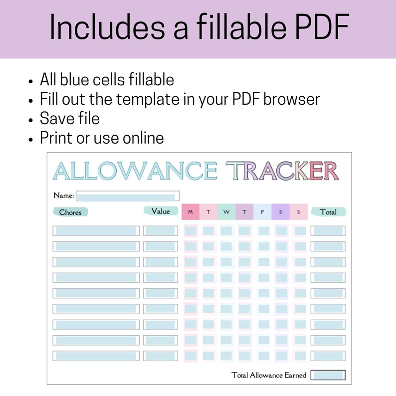 Allowance Chart | Allowance Tracker | Chore Chart | PDF & PDF Fillable ...