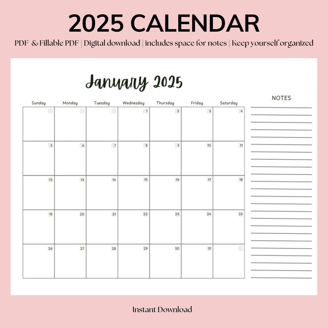 Blank Calendar With Notes | 2025 Calendar | 2025 Calender | Monthly ...